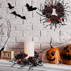 Jexine 6 Pcs Fall Candle Rings Wreaths Black Halloween Rings 3 Inch Black Twig Wreath Candle Ring Gothic Rose with Glitter Leaves Wreath for Fall Thanksgiving Home Table Centerpieces Decorations