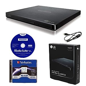Produplicator LG BP60NB10 Portable 6X Ultra HD 4K Blu-ray Burner External Drive with CyberLink Software, 50GB M-DISC BD-R DL, and USB Cable - Burns CD DVD BD DL BDXL Discs