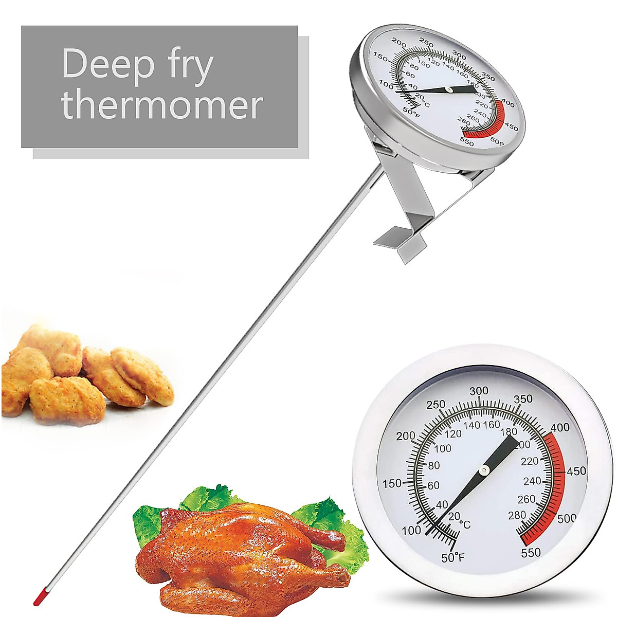 Lightbeam 16" Long Stem Deep Fry Thermometer with Clamp (2 Pack), Instant Read 2" Dial Meat BBQ Thermometer for Deep Fry, Grill, Turkey, Candy, Coffee etc