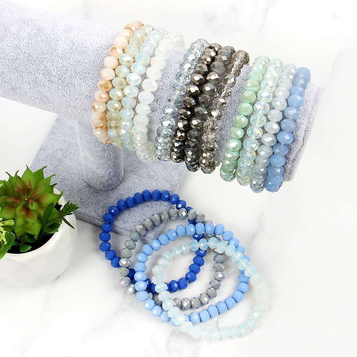 RIAH FASHION Bohemian Multi-Layer Beaded Stacking Bracelet - Versatile Stretch Strand Statement Wrap Slip-on Bangle Shiny Crystal Bead (Sparkly Mix - Yellow)