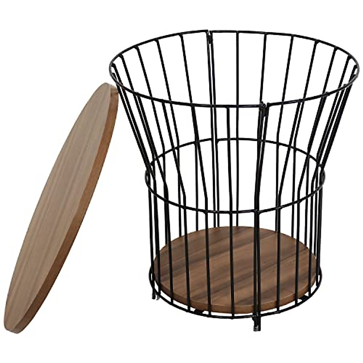 Sunnydaze 17.25-Inch H Modern Pedestal Wire Side Table with Faux Woodgrain Pull-Open Tabletop - Brown