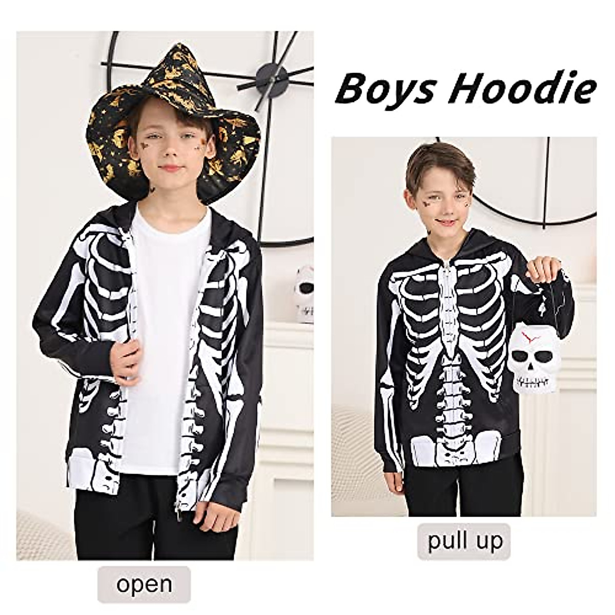 uideazone 12-14 Years Teenage Boys Zipper Hooded Sweatshirts Size 13t Trendy Halloween Skeleton Long Sleeve Zip Up Hoodies Autumn Hoody Coat Tops