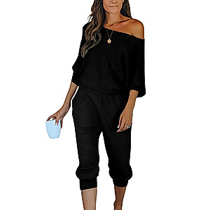 PRETTYGARDEN Women's 2 Piece Ribbed Tracksuit Outfits Off Shoulder Long Sleeve Pullover Long Pants with Pockets (Black,Large)