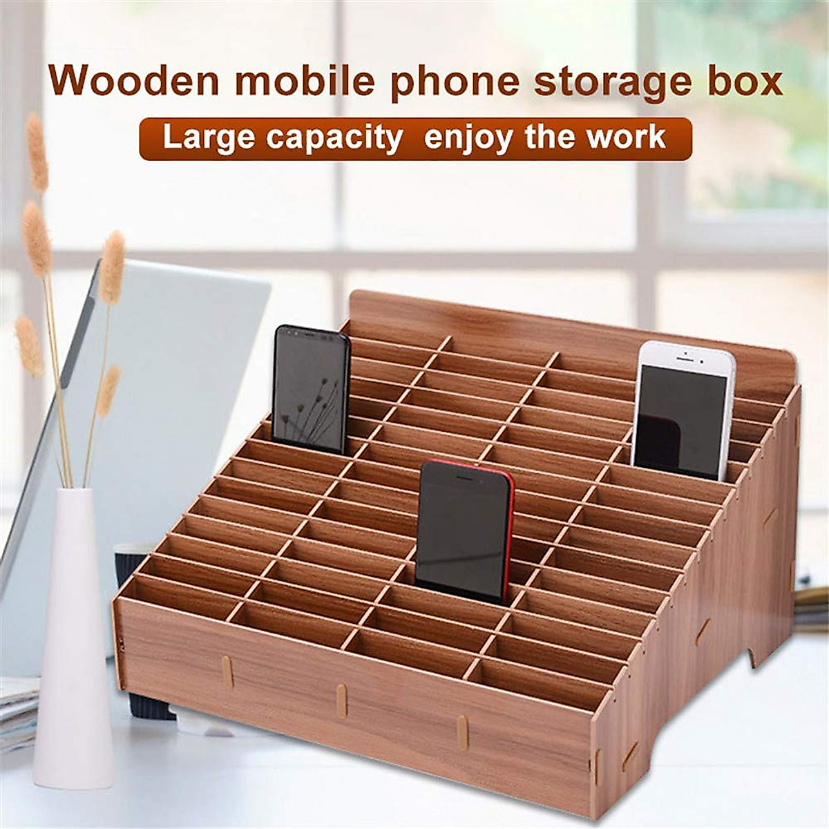 VALINK Multi-Grid Wooden Mobile Phone Management Storage Box Desktop Pen Pencil Organizer for Office Classroom Home, Cell Phone Holder Rack Shop Display Case Finishing Grid Organizer (30 Grids,Brown)