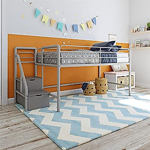DHP Junior Twin Metal Loft Bed with Storage Steps, Multifunctional Space-Saving Solution - Silver with Gray Steps