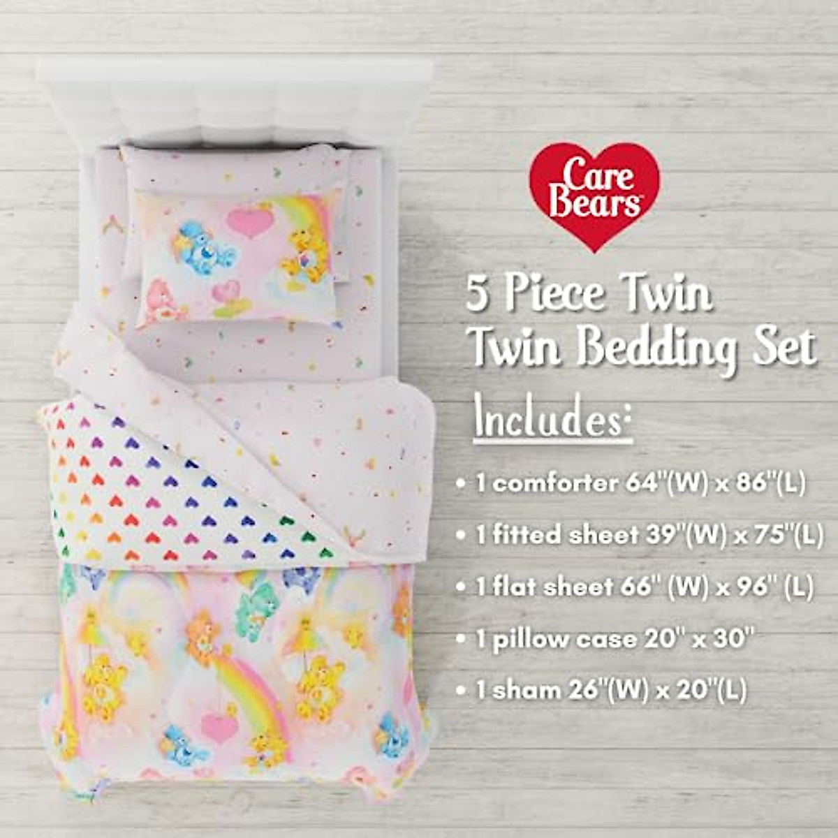 Franco Care Bears Classic Retro Rainbow Bedding 5 Piece Super Soft Comforter and Sheet Set with Sham, Twin, (100% Official Licensed Product) Collectibles