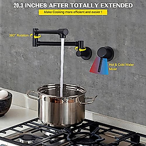 CHALIRS Pot Filler Faucet Wall Mount, Matte Black Brass Pot Filler Faucets, Kitchen Restaurant Sink Faucet Folding Stretchable,Cold and Hot Water Mixer,with Double Joint Swing Arms,Single Handle