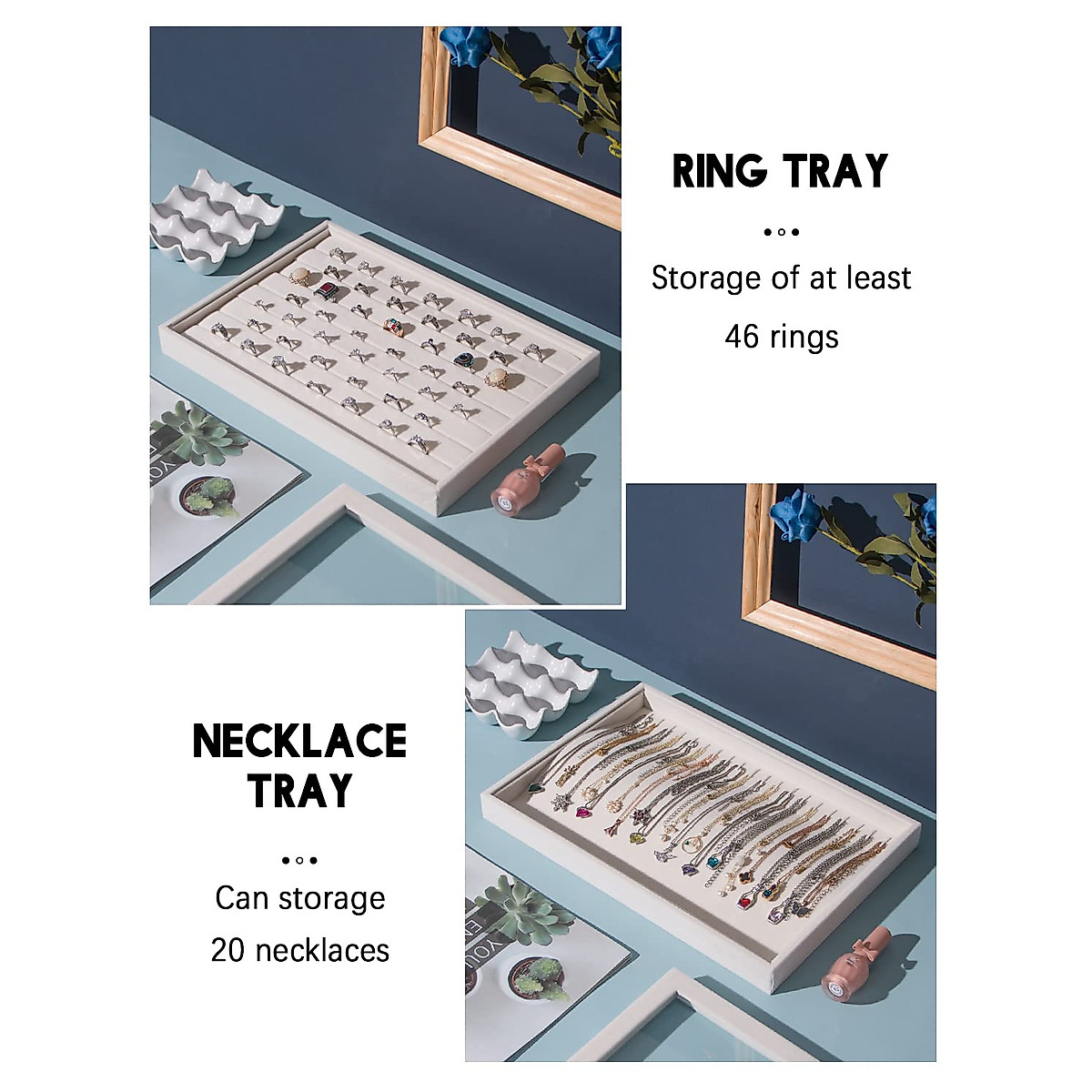 Coward Set of 5 Stackable Jewelry Organizer Tray Necklace Earring Box Storage Ring Bracelet Display Holder (beige(ring+necklace+12girds+24girds+The glass lid))