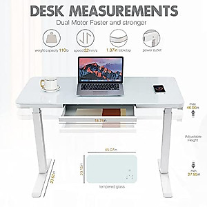 AIMEZO Standing Desk with Drawer Ergonomic Tempered Glass Electric Sit-Stand Height Adjustable Computer Workstation,with Touchscreen Controller&Wireless Charging &USB Port& Power Strip
