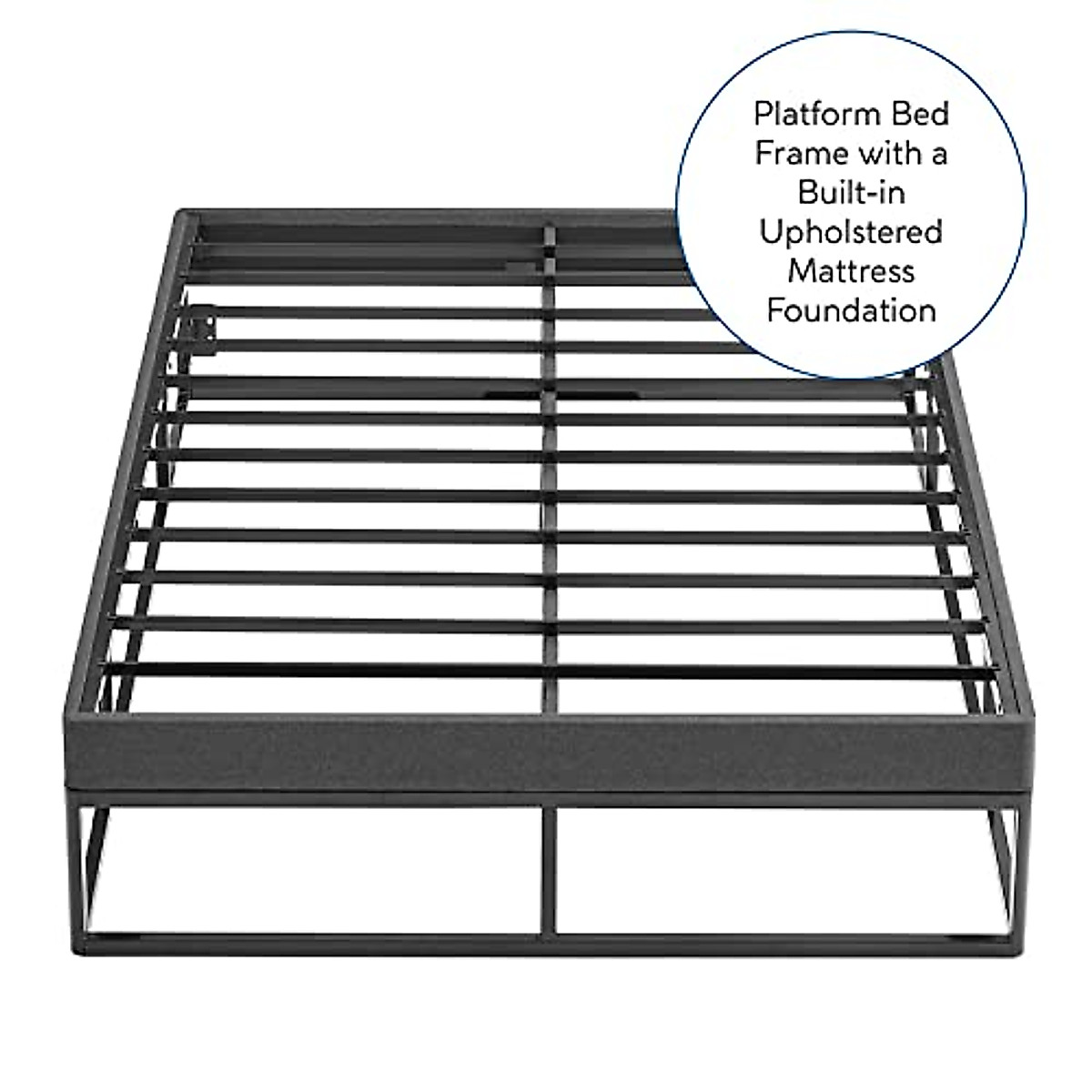 Classic Brands Capri Black Metal Platform Bed Frame with Built-in Grey Upholstered Mattress Foundation, Queen