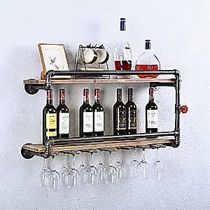 TANGGU Industrial Wine Racks Wall Mounted with 7 Stem Glass Holder,2-Tiers Rustic Metal Hanging Wine Holder,36in Wall Mount Bottle Holder,Pipe Shelves Kitchen/Living Room/Home Wood Wine Shelf