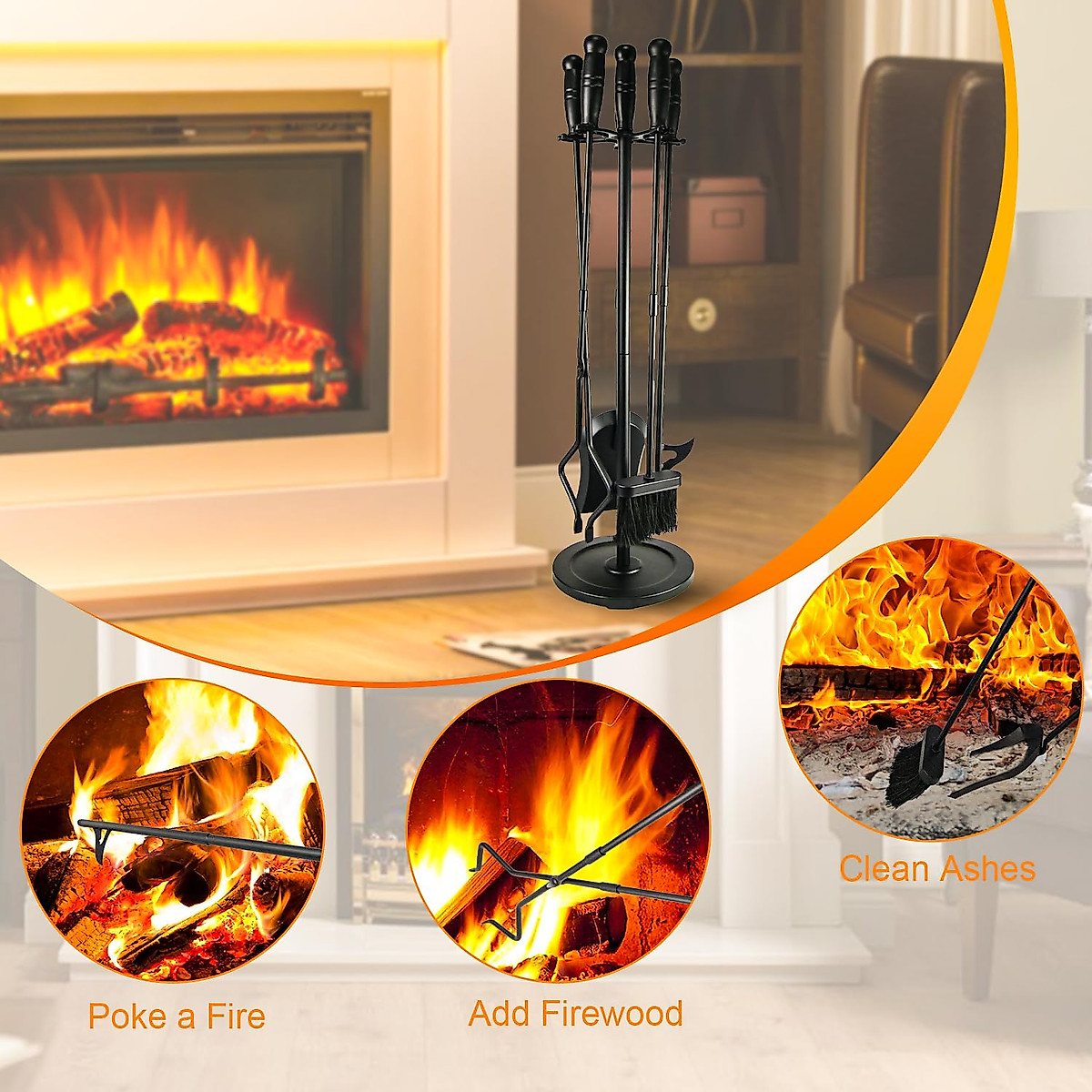 VODA Fireplace Tools Set 5 Pcs 31In Cast Iron Fireplace Tools Indoor Fireside Accessories Large Fire Place Tool Set Outdoor Holder Fire Kit with Poker Shovel Tongs Brush, Stand