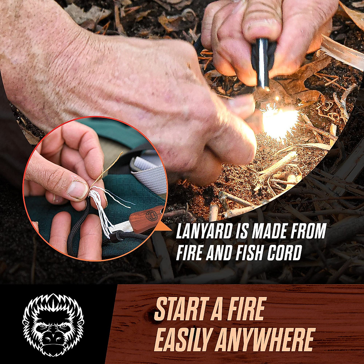 Wood Handle Fire Starter Ferro Rod Gift Set W/Finger Grip Survival Bushcraft Gear (Dark Brown)