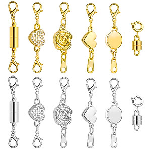 Paxcoo 12Pcs Magnetic Necklace Clasps and Closures, Locking Magnetic Jewelry Clasps, Magnetic Necklace Extender, Necklace Clasp Helper for Necklaces, Bracelets and Jewelry