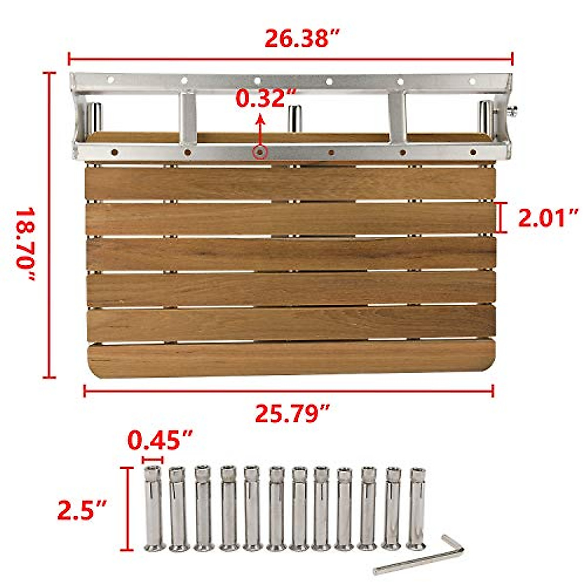 HYDDNice 26"x16" Wall Mounted Teak Folding Shower Seat Bench Bathroom Stool Solid Wood Fold Down & 316 Stainless Steel Accessories