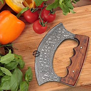 One Handed Rocker Damascus Ulu Knife With Sheath, Rocker Knife For One Handed Cutting, 5.5 Inches Rocker Damascus Ulu Knife, Heavy Duty Rocker Knife / Ulu Knife / Mezzaluna Knife (Rose Wood)