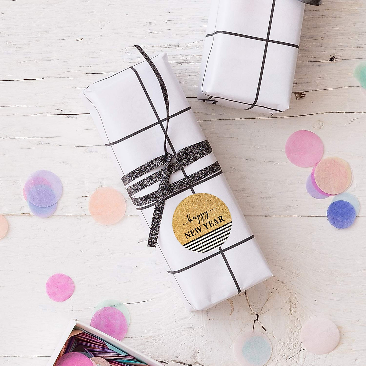 Black & Gold Happy New Year Stickers/500 New Year Labels/Happy New Year Faux Glitter Sticker