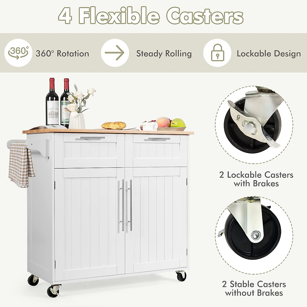 COSTWAY Kitchen Island Cart on Wheels, with Side Towel Bar, 2 Drawers, 2 Door Cabinet, Rolling Storage Trolley Cart with Rubber Wood Top & Lockable Casters (White)