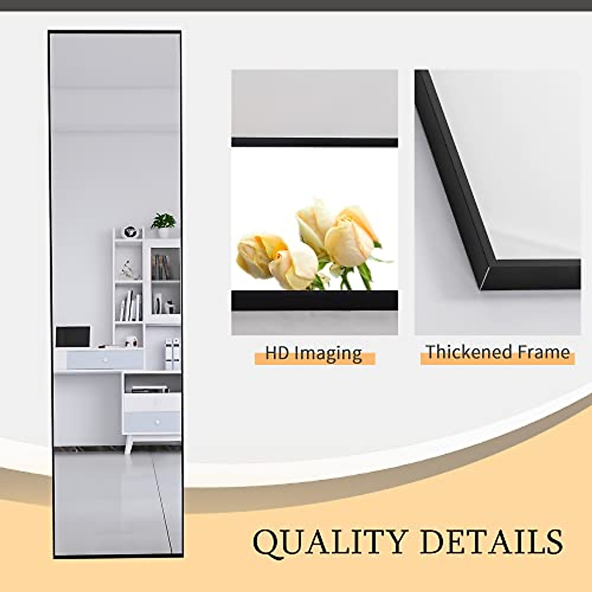 Beauty4U Full Length Mirror for Wall Full Body Mirror Wall Mounted Long Mirror Over The Door Mirror with Black Aluminum Alloy Simple Frame for Bedroom Living Room, 48”x 12”