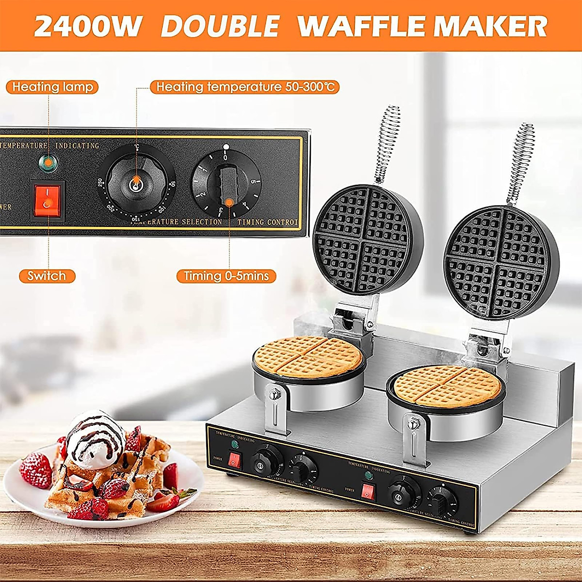 LIVOSA 2400W Commercial Waffle Maker Double Waffle Machine 110V Non Stick Electric Muffin Machine, Waffle Machine for Commercial/Household Kitchens, Cafes, Restaurants and Snack Bars