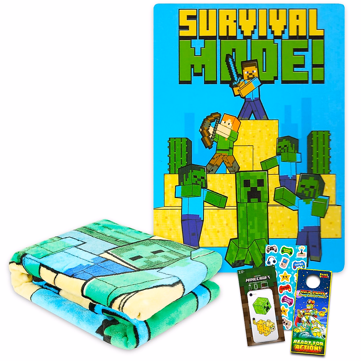 Minecraft Throw Blanket for Boys - Minecraft Plush Throw Blanket Bundle Includes 40" x 50" Minecraft Fluffy Blanket Throw Plus Minecraft Phone Decal, Door Hanger, More | Minecraft Blankets for Boys