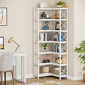 LITTLE TREE 7-Shelf Corner Bookshelf Modern Corner Bookcase Corner Shelf for Living Room Home Office, White