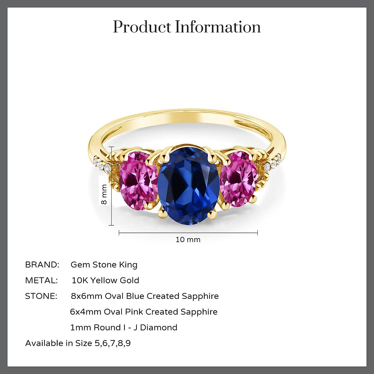 Gem Stone King 2.64 Ct Oval Blue Created Sapphire Pink Created Sapphire 10K Yellow Gold Ring (Size 9)