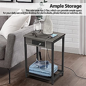 Nightstand with Charging Station Bedroom End Table Set of 2 Modern Side Table with USB Ports and outlets 2-Tier Dark Grey Bedside Table for Living Room Farmhouse Furniture