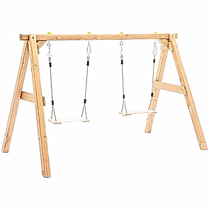 Heavy Duty Wooden Swing Frame for Kids, Upgraded A-Frame Porch Swing Bench Stand for Indoor Outdoor with 2 Pinch Free Belt Swings