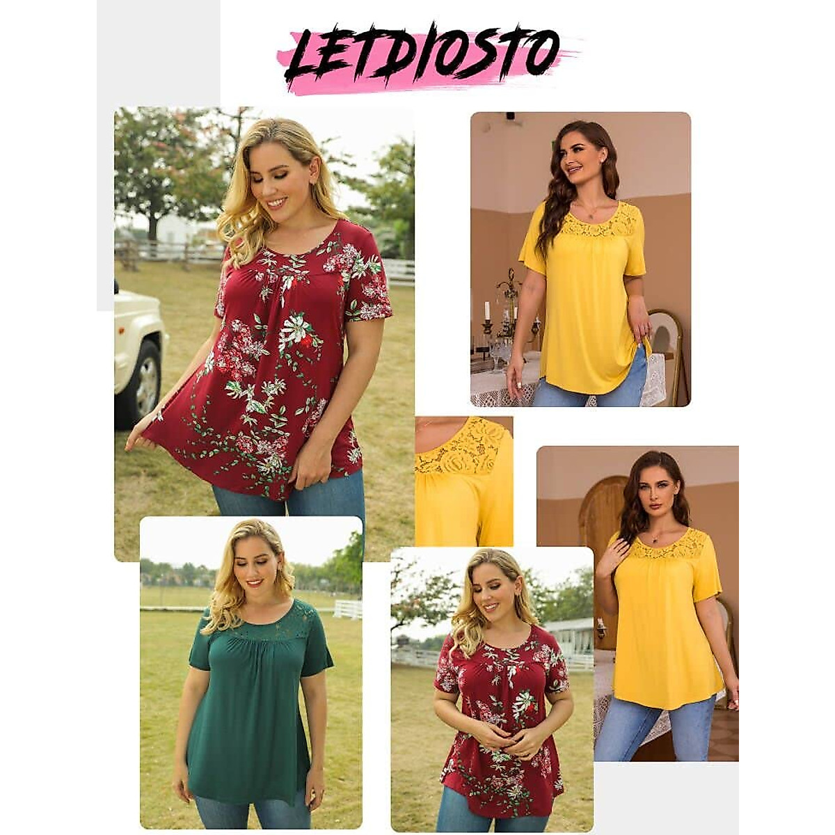 LETDIOSTO Women's Tops Casual Short Sleeve Loose Fit Pleated Tunic Shirt Blouse Tops, 02, Medium