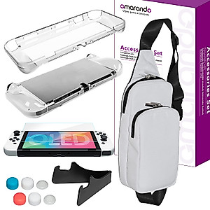 omarando TPU Case Cover Accessories Kit for Nintendo Switch (OLED model),Shoulder Bag for Switch,with Tempered Glass Screen Protector,Thumb Grip Caps .Mini travel playstand (Clear)