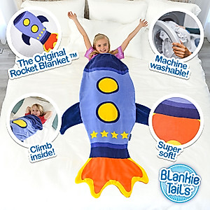 Blankie Tails Wearable Rocket Ship Blanket for Boys & Girls - Double Sided Fleece Astronaut Blanket for Space Toys Gifts, Sleepovers, and More - Space Blanket for Kids, Adults & Teens (Blue Rocket)