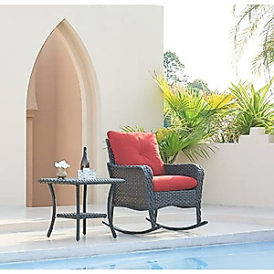 Outdoor Wicker Rocking Chair, PE Rattan Patio Rocker Chairs with Padded Cushions,Porch Chairs Wicker Patio Furniture for Garden, Patio, and Backyard,Red