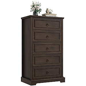 HOSTACK 5 Drawer Tall Dresser, Modern Farmhouse Chest of Drawers, Wood Dressers Organizer, Accent Storage Cabinet for Living Room, Hallway, Home Office, Dark Brown