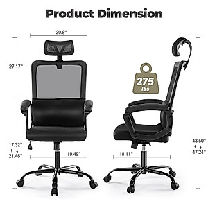 NEWBULIG Desk Ergonomic Office High Back Computer Adjustable Headrest Mesh Task Chair with Lumbar Support/Padded Armrests/Tilt Function, Black