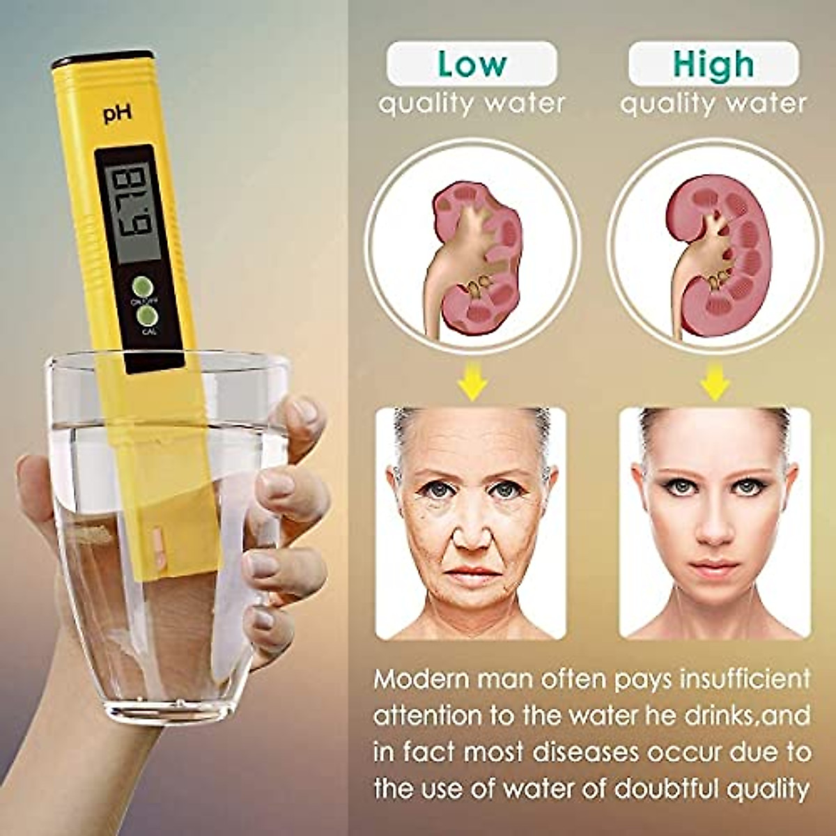 Precise Digital PH Meter, Tester with 0-14 PH Measurement Range for Household Drinking, Pool and Aquarium Water PH Tester Design with ATC Practical (Color : Yellow) Water Quality Detector