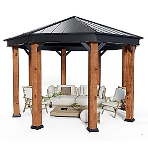 EROMMY 15' x 15' Hardtop Gazebo, Outdoor Wood Looking Aluminum Octagon Wood Grain Gazebos with Galvanized Steel Roof for Patio, Backyard, Deck and Lawns