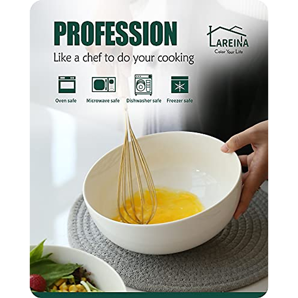 Lareina Large Soup Salad Pho Bowls for Kitchen, Premium 8 Inch 60 oz Ceramic Bowls Set for Ramen,Noodle, Cereal, Microwavable, White, 3PCS, Great Gift