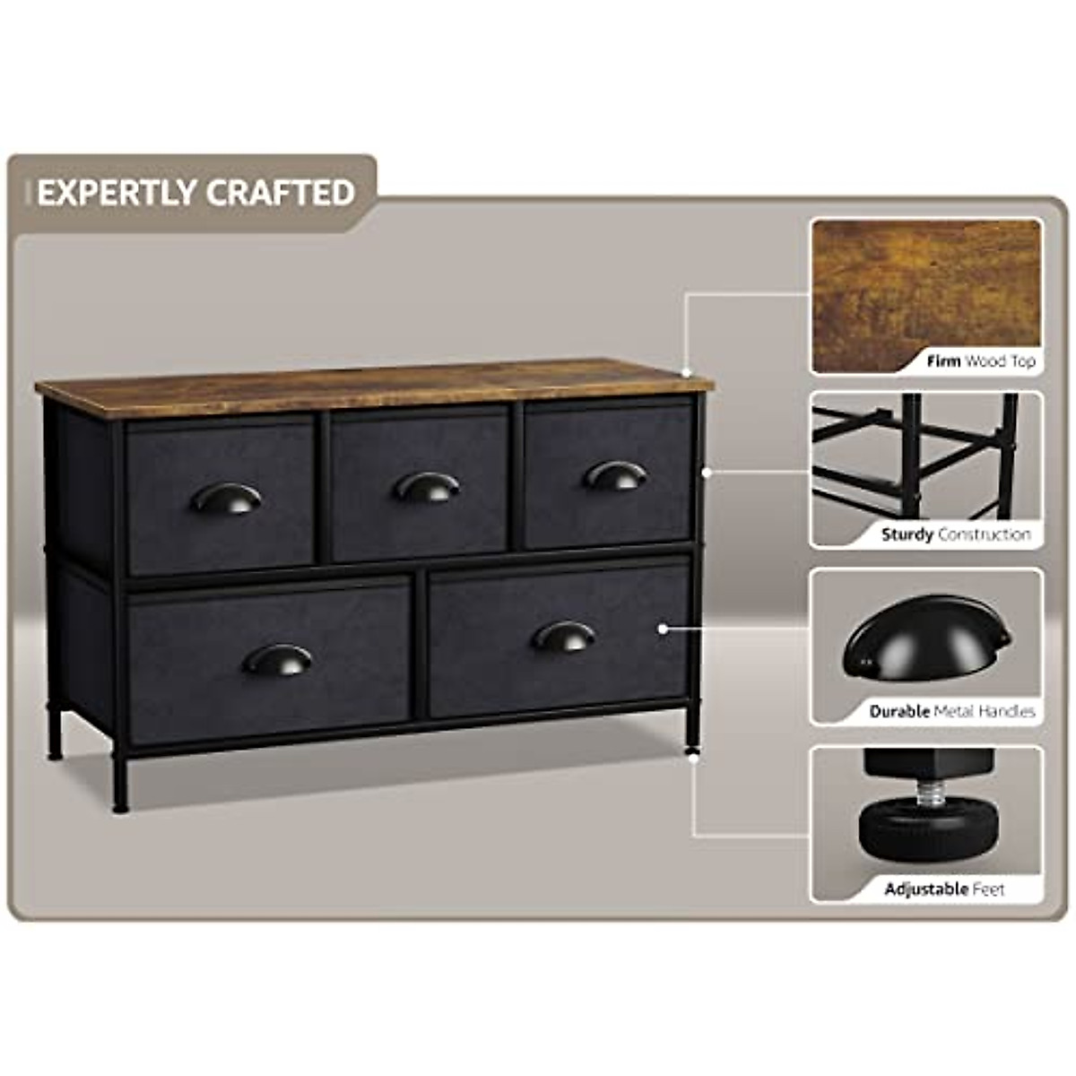 Sorbus Dresser with 5 Drawers - Storage Chest Organizer Unit with Steel Frame, Wood Top, Easy Pull Fabric Bins - Long Wide TV Stand for Bedroom Furniture, Hallway, Closet & Office Organization