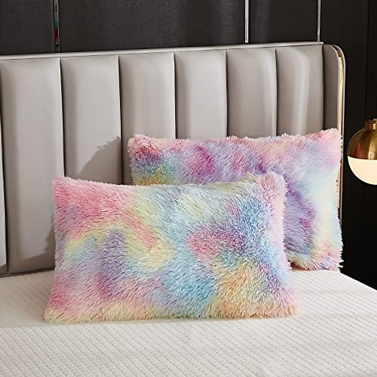 Yaoshuho Plush Fluffy Duvet Cover King Size Luxury Ultra Soft Shaggy Duvet Cover Set Faux Fur Comforter Bedding Set(1 Duvet Cover + 2 Pillow Shams), Rainbow