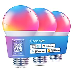 Consciot Smart Light Bulbs, WiFi Bluetooth Color Changing LED Light Bulb, Music Sync, 60W Equivalent Smart Bulb, A19 E26 RGBTW Light Bulbs That Works with Alexa/Google Home/Apple Home/Siri, 3 Pack