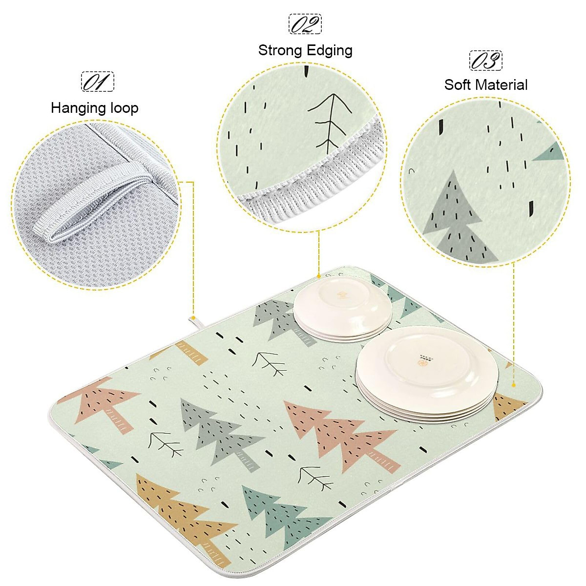 Red Yellow Christmas Cartoon Trees Memory Foam Dish Drying Mat Drying Mat For Kitchen Counter Drain Matt Dish Dryer Cloth 16 x 18 Inches