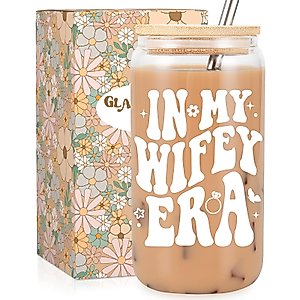 Fairy's Gift Wifey Cup, Engagement Gifts for Her, Bride Gifts, 16 oz Coffee Glass Cups with Lids Straws - in My Wifey Era - Wedding, Bridal Shower, Bachelorette Gifts for Bride, Bride to be Gifts
