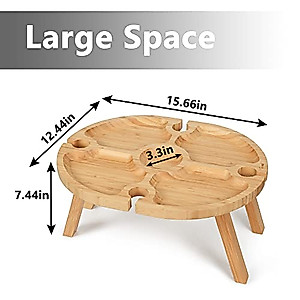 Tirrinia Portable Picnic Table with 4 Wine Glasses Holder, Functional Bamboo Snack Tray Table -Foldable for Party, Picnic, Camping, Beach (15.7" x 12.5")