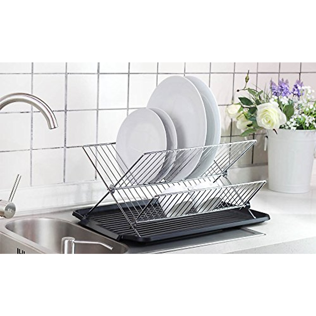 Neat-O Deluxe Chrome-Plated Steel Foldable X Shape 2-Tier Shelf Small Dish Drainers with Drainboard (BlackII)