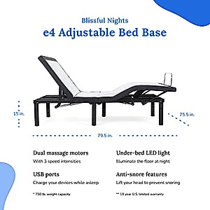 Blissful Nights 12" King Cool Gel Infused Plush Memory Foam Mattress with e4 Premium Adjustable Bed Frame Combo, Massage, USB, Zero Gravity, Anti-Snore, Nightlight (King)