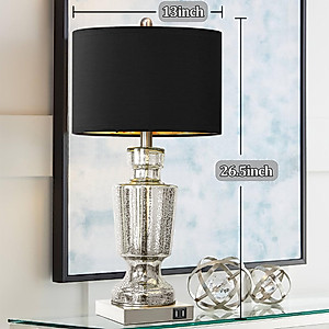 Set of 2 Mercury Crackle Glass Lamps for Bedroom with 2 USB Ports 3-Color Temperature Dimmable Contemporary Silver Living Room Lamps Modern Nightstand Lamps with Black Lampshades(Bulbs Included)