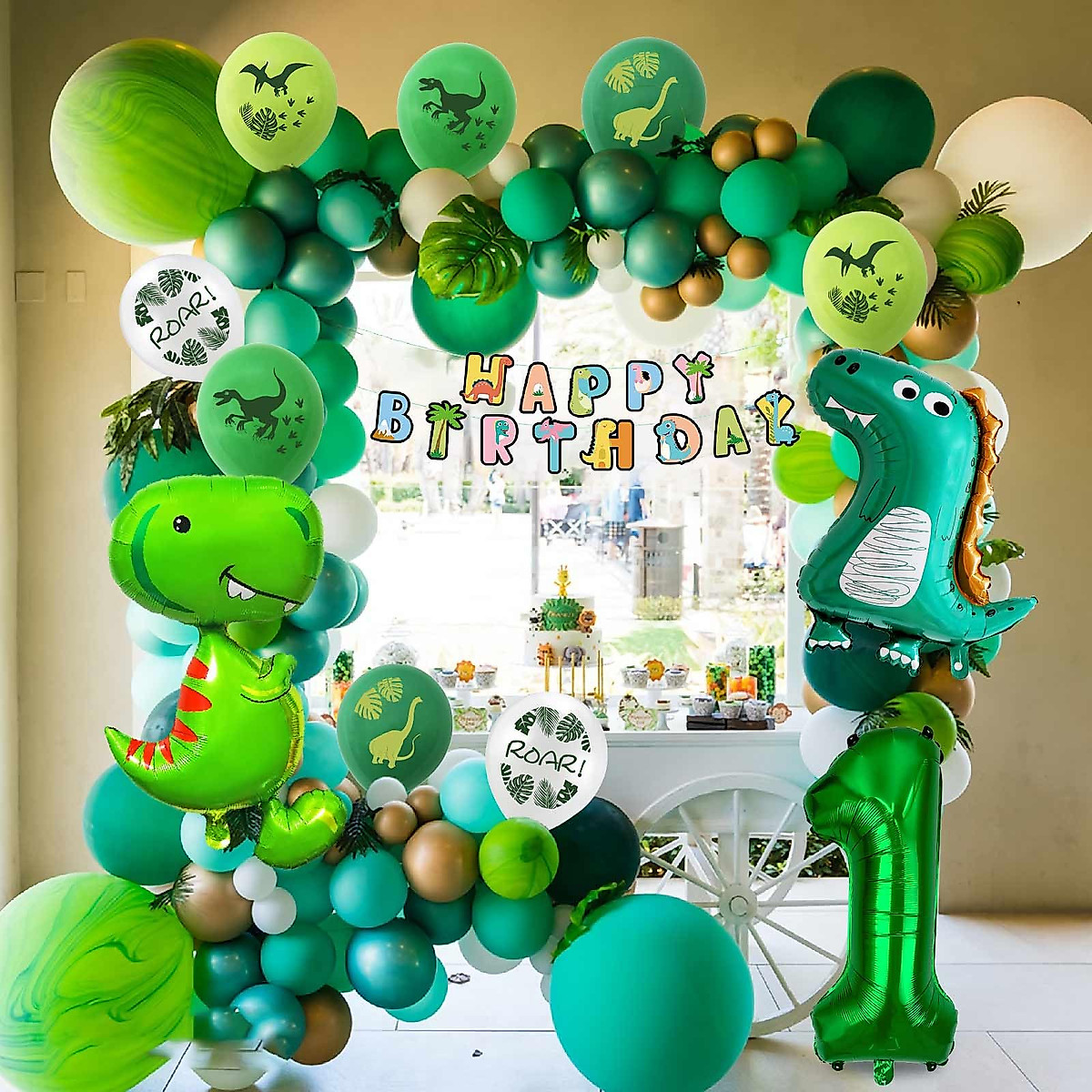 Dinosaur First Birthday Decorations, Large Dinosaur Foil Balloons, Happy Birthday Banner, Number 1 Balloon, Dinosaur Printed Balloons for Girl Boy 1st Birthday Party Decorations Baby Shower Supplies