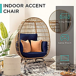 Best Choice Products Wicker Egg Chair, Oversized Indoor Outdoor Lounger for Patio, Backyard, Living Room w/ 4 Cushions, Steel Frame, 440lb Capacity - Navy