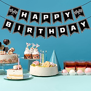 Eostankr Race Car Happy Birthday Banner Race Car Birthday Party Decorations Black and White Checkered Flag Banner Racing Themed Checkered Flag Party Supplies for Boys